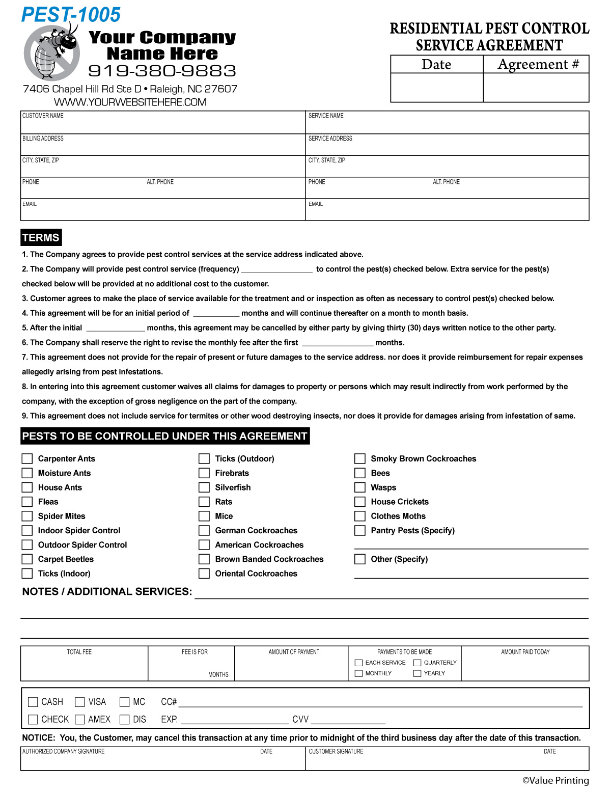 PEST 1005 Pest Control Residential Service Agreement